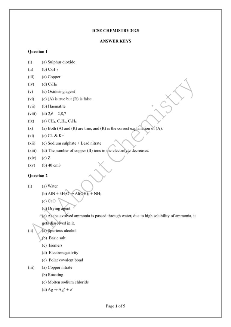 ICSE CHEMISTRY 2025 ANSWER KEY ALL ABOUT CHEMISTRY